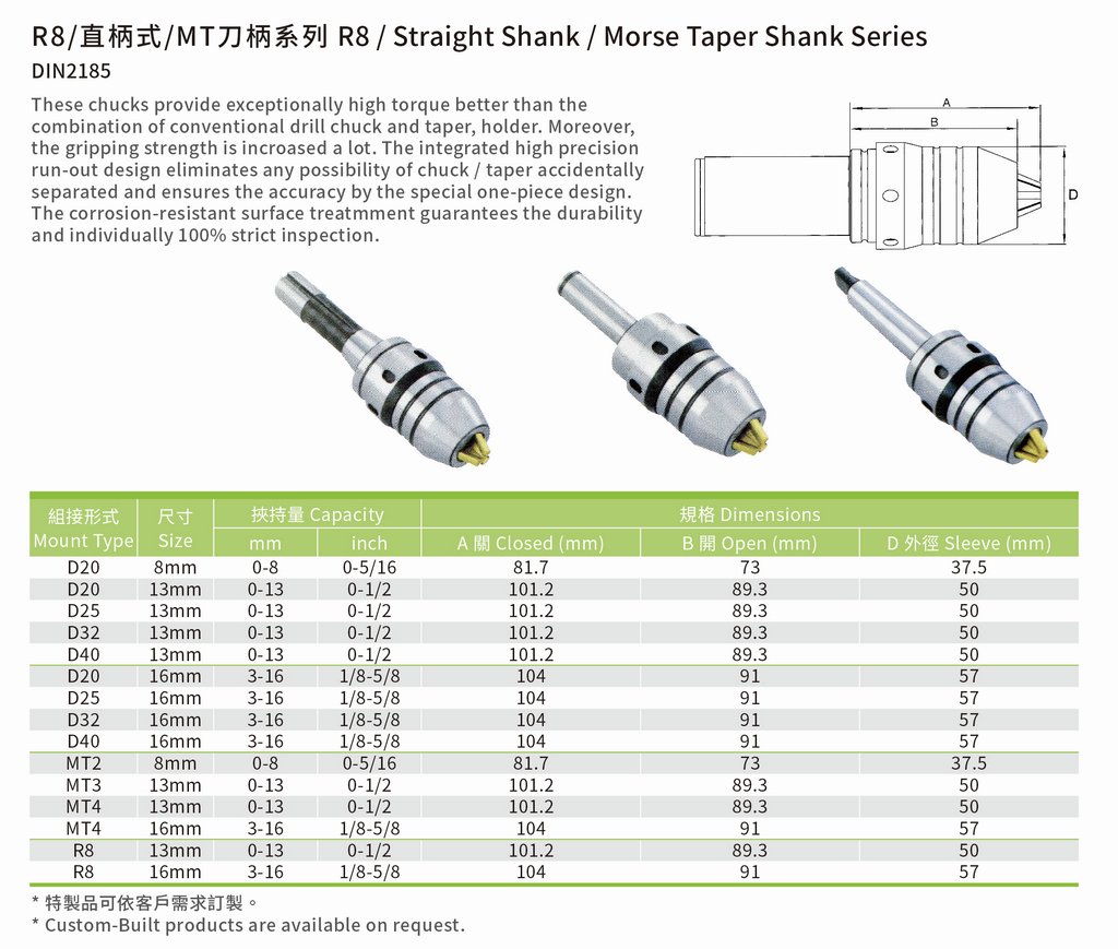 R8 /Stright Shank /Morse Taper Shank Drill Chuck